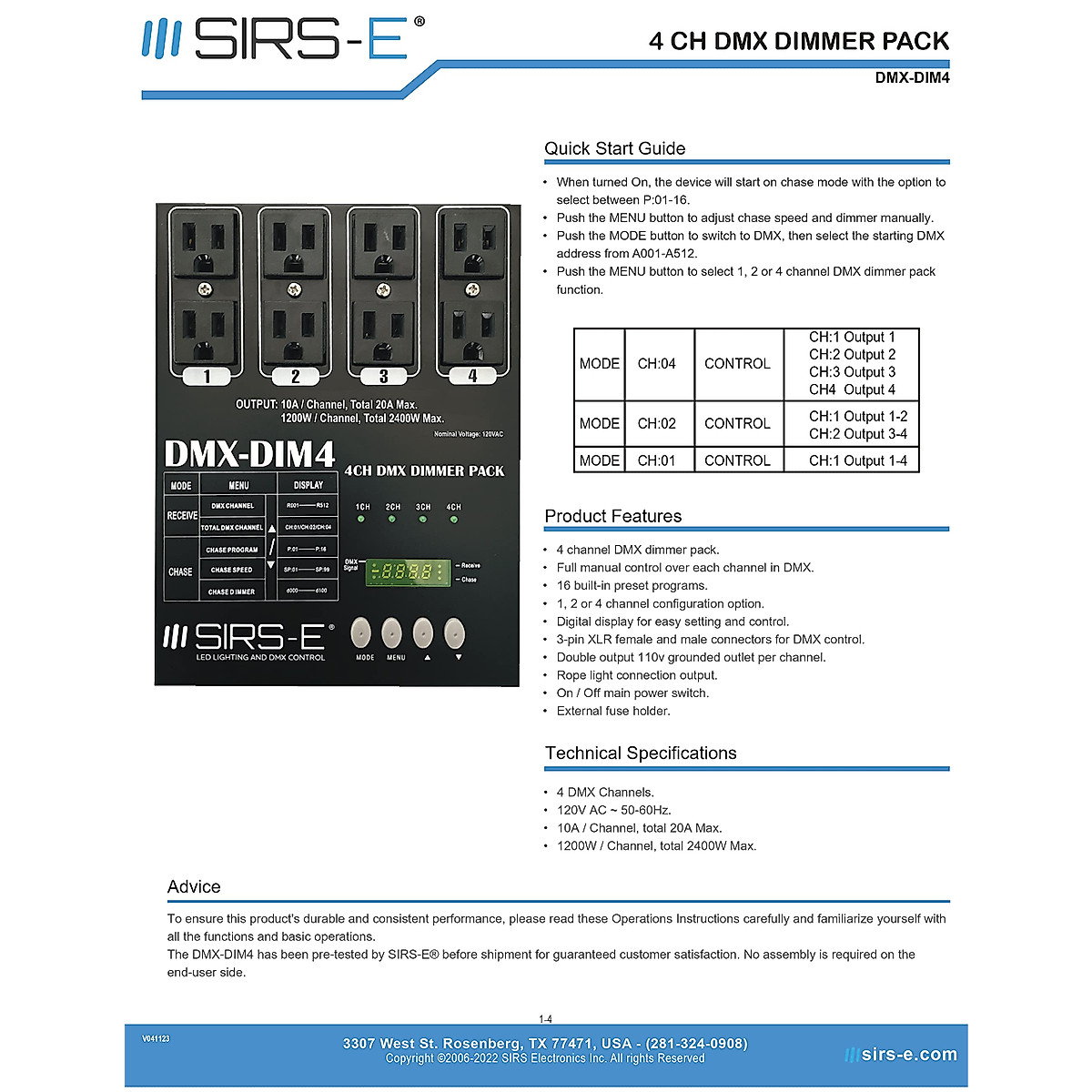 SIRS-E DMX-DIM4 4 Channel DMX Dimmer Pack Double Output