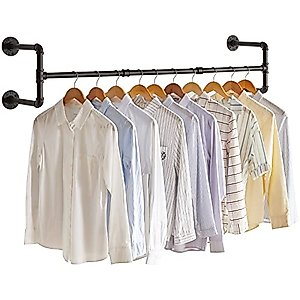 IBUYKE Industrial Pipe Clothes Rack, 50'' Wall Mounted Closet Bar, Heavy Duty Closet Clothes Rod, Multi-Purpose Hanging Rod for Closet Storage (4 Bases) TYJ002H