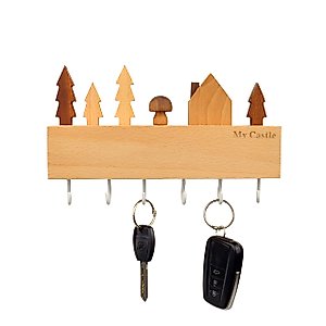 Cliocoo Decorative Wooden Key Hook, Wall Mounted Key Hanger with 6 Hooks, Natural Wood Color, with Anchors and Screws, Wall Décorfor Entryway (White)