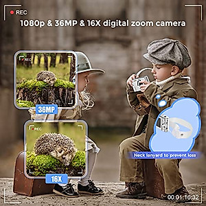 Digital Camera, RUAHETIL Autofocus FHD 1080P 36MP Vlogging Camera for Kids, 16X Zoom 2 Charging Modes Kids Compact Camera Point and Shoot Camera for Kids Teens Students（Silver）