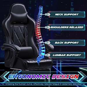 Shahoo Gaming Chair with Footrest and Massage Fuction Lumbar Support, 360°Swivel and Height Adjustable Seat with Headrest for Office or Bedroom, Study Room, Black