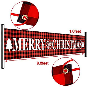 Huge Red Black Plaid Merry Christmas Banner Large Xmas Sign Decorations with Delicate Print for Xmas House Home Outdoor Party Decor, 9.8 x 1.6 Feet (Style Set 3)