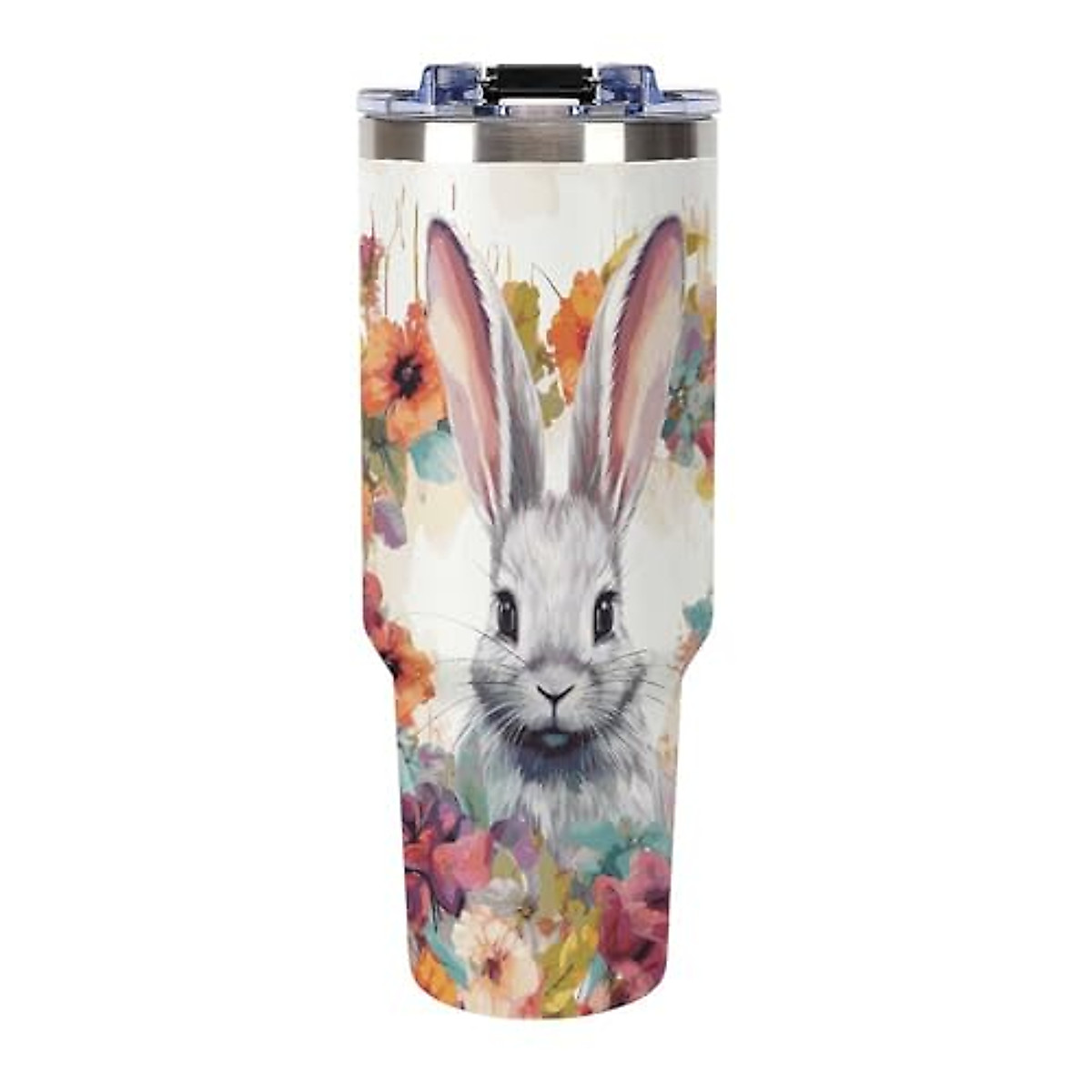 40 Oz Vacuum Tumbler with Black Handle Leakproof Insulated Tumbler Watercolor Rabbit And Flowers Stainless Steel Travel Mug with Lid And Straw Coffee Cup Cute Water Bottles Cup Holder Friendly