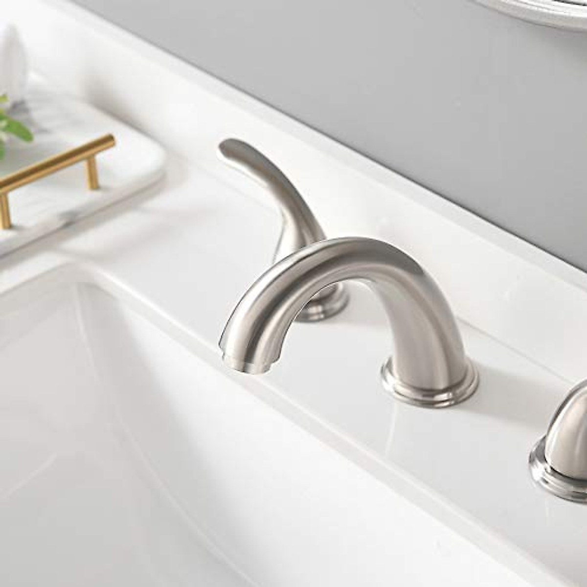 2 Handles 3 Holes Deck Mount Brushed Nickel Widespread Bathroom Faucet by phiestina,with Stainless Steel Pop Up Drain, WF008-5-BN