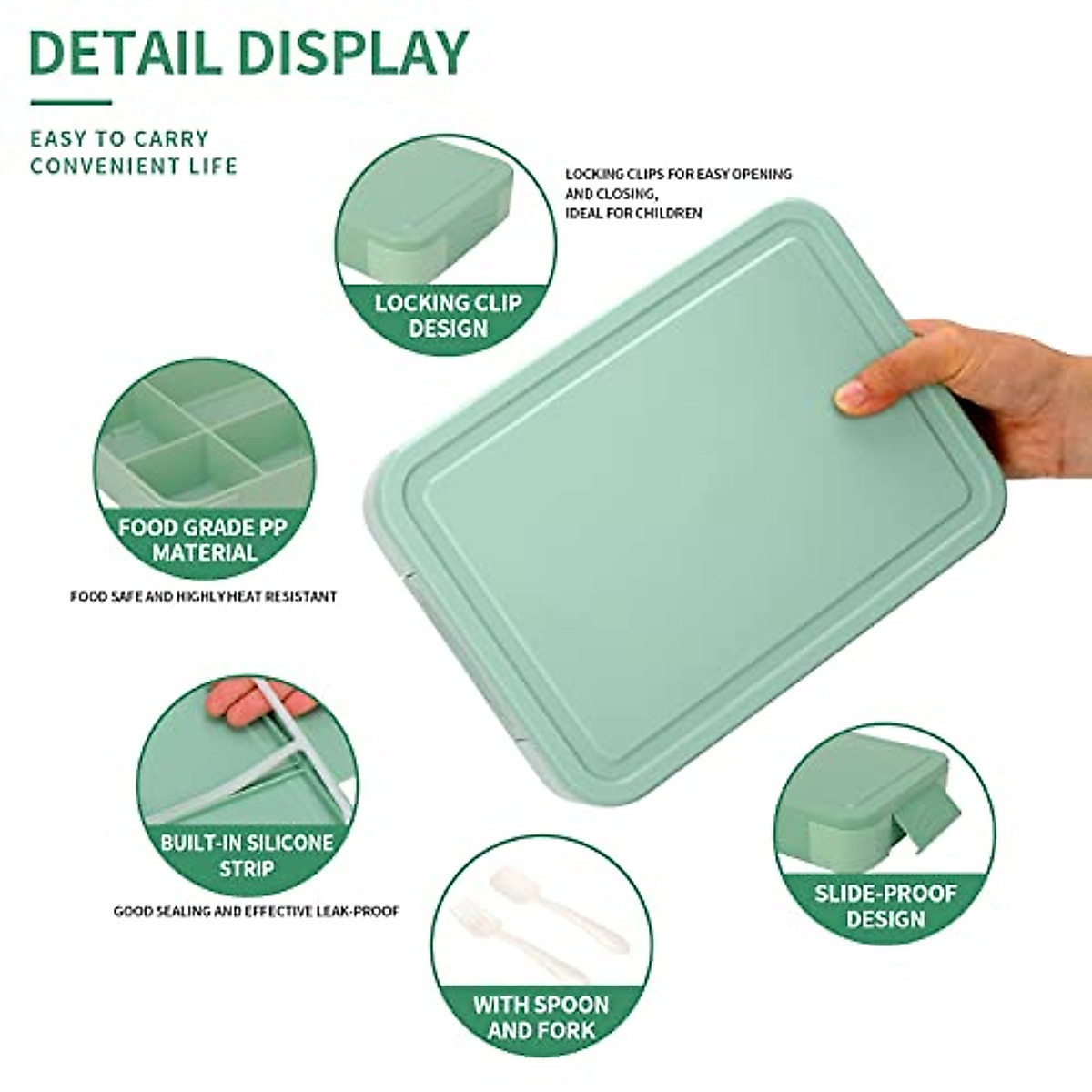 Vensp Bentobox,Kid Lunch Box, Bento Box Adult Lunch Box,Lunch Box Container for Kids/Adults/Toddler,1330ml-6 Compartments&Utensiles, Leak Proof,Microwave/Dishwasher/Refrigerator Safe(Green)