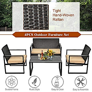 Tangkula 4-Piece Patio Rattan Furniture Set, Outdoor Conversation Set w/Seat Cushions & Coffee Table, Sturdy Metal Frame, Sectional Wicker Sofa Set for Garden, Backyard, Poolside (1, Light Brown)