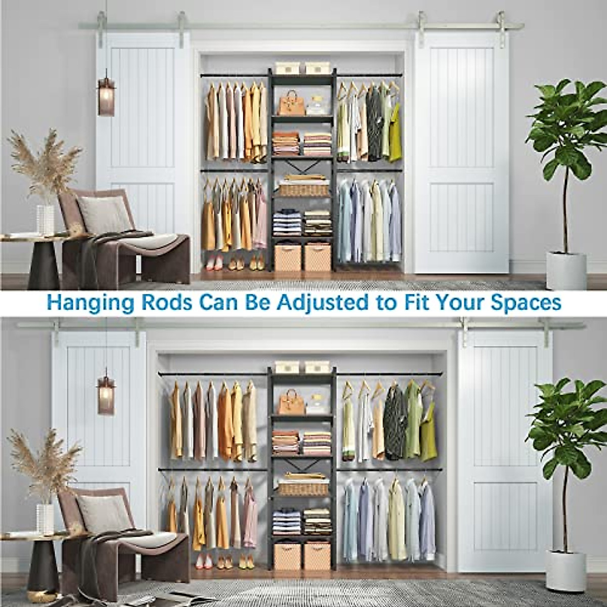 Timate P6i Heavy Duty Garment Rack Clothes Rack Adjustable Walk in Closet Organizer System Wall Mounted Closet Organizer Kit Expandable Hanging Rod 5-Tier Closet Storage Shelves, Fit 6-9ft Space Black