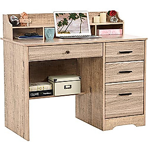 Catrimown Computer Desk with Drawers and Hutch, Executive Desk Home Office Desk Writing Table Wood Student Desk with File Drawer for Bedroom, Small Computer Desk with Drawer for Small Place, Grey