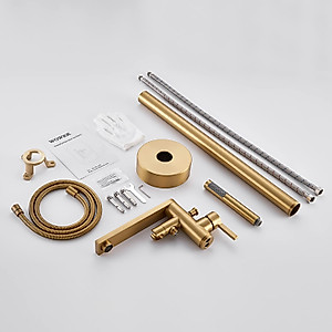 Wowkk Freestanding Bathtub Faucet Tub Filler Brushed Gold Floor Mount Brass Single Handle Bathroom Faucets with Hand Shower