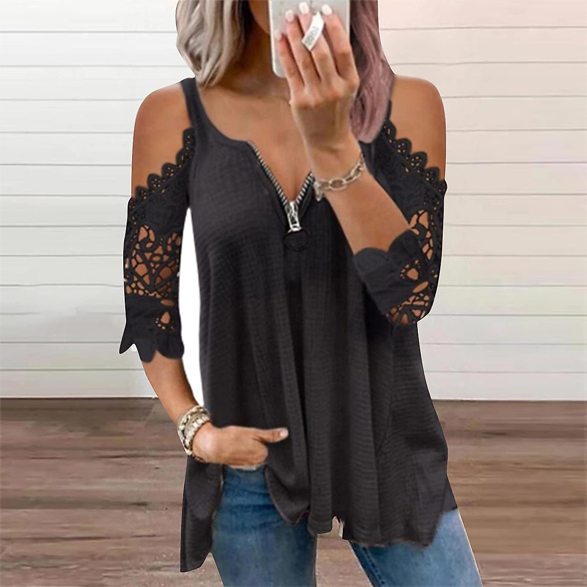 Women's 2022 Summer Tops,Womens Summer Casual Zip Up Fashion Printed Off Shoulder Mid Sleeve T Shirt Top Womens T Shirts Top Black-p5
