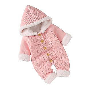 Camidy Baby Hooded Jumpsuit,Toddler Knitted Romper Cotton Long Sleeve One-Piece Coveralls