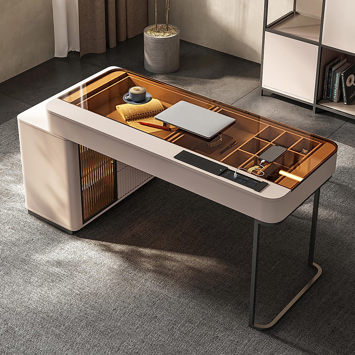 Lartis Office Desk, Very Easy to Assemble，Computer Desk, Home Telescopic Writing Desk, Storage Cabinet Retractable Corner, Built-in LED Lights, Five Large Storage Drawers, compartmentalized Storage