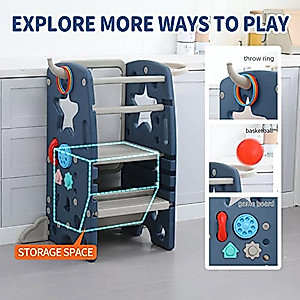 UNICOO –Kids Kitchen Step Stool with Double Safety Rails, Toddler Learning Stool with 3 Adjustable Heights and Non-Slip Foot Pads, Toddler Tower for Kitchen Countertop and Bathroom (OMLT-Dark Blue)