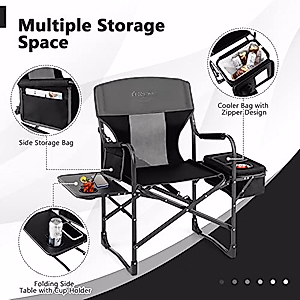COSTWAY Folding Camping Chair, Heavy-Duty Director Chair Supports 400lbs for Adults with Side Table, Cooler Bag, Storage, Strap, Portable Makeup Chair Suitable for Fishing Picnic, Black