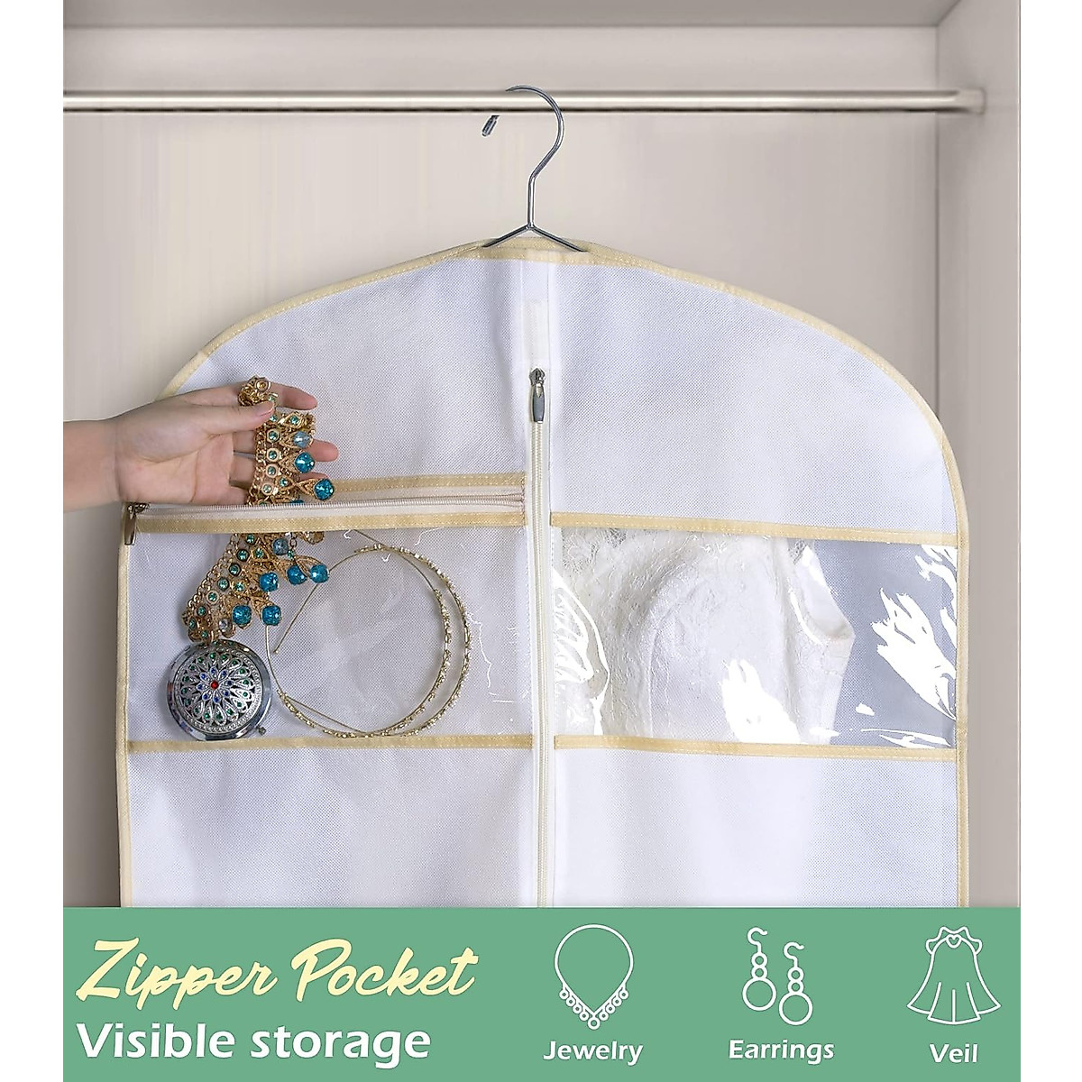 MISSLO 70" Bridal Wedding Gown Dress Garment Bag with Accessories Pouch Large Travel Garment Cover 8" Gusset (White)