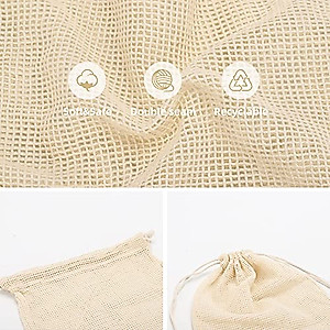 Reusable Produce Bags Grocery Washable - Set of 12 Cotton Mesh Produce Bags for Veggie Fruit Vegetable Storage, 3 Sizes (4L, 4M, 4S)