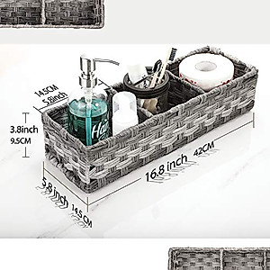 [Larger Compartments] Toilet Tank Topper Paper Basket - Multiuse Hand Woven Plastic Wicker Basket with Divider for Organizing, Rustic Farmhouse Bathroom Decor, Countertop Organizer Storage, Grey