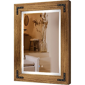 GREENSTELL Bathroom Mirror with Anti-Fog for Farmhouse Decor, 3-Color LED Light 31.5" x 23.6" Smart Vanity Mirror, Rustic Wood Framed Wall Mirror, Vertical or Horizontal Hanging, Light Brown