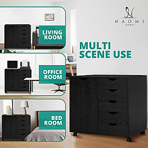 Naomi Home Amy 5 Drawer Chest, Wood Storage Dresser Cabinet with Wheels, Craft Storage Organization, Makeup Drawer Unit for Closet Bedroom Office File Cabinet 180 lbs Total Capacity - Distressed Black