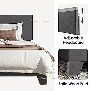 WEEWAY King Upholstered Platform Bed Frame with Adjustable Headboard and Strong Wooden Slats, Heavy-Duty Mattress Foundation, No Box Spring Needed, Easy Assembly, Dark Grey