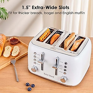 Toaster 4 Slice, Roter Mond Retro Stainless Steel Toaster with Extra Wide Slots Bagel, Defrost, Reheat Function, Dual Independent Control Panel, Removable Crumb Tray, 6 Browning Levels, White