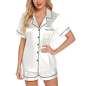 Senert Satin Pajamas Women's Short Sleeve Sleepwear Soft Silk Button Down Loungewear Pjs Shorts Set with Pockets White,X-Large