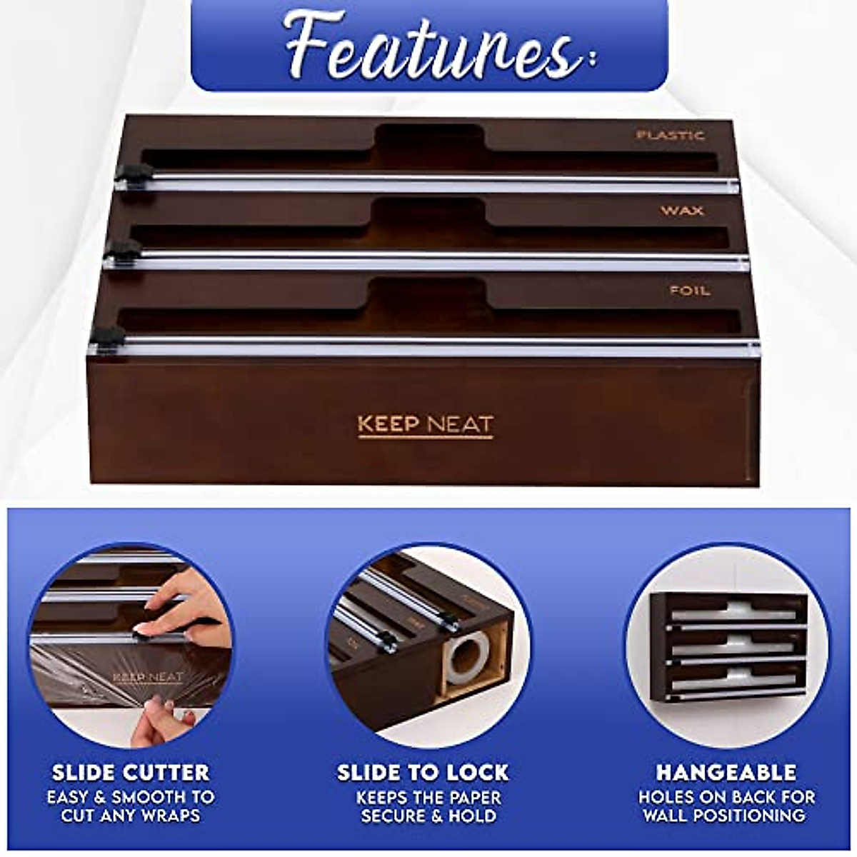 KEEP NEAT Foil and Plastic Wrap Dispenser 3 in 1 Wrap Organizer with labeled slots, Dark Brown