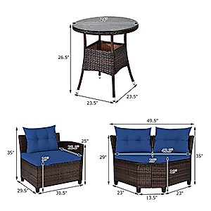 Tangkula 4-Piece Patio Furniture Set, C-Shape Outdoor Wicker Sectional Sofa Set, w/Cushions & Glass Coffee Table, Modern Deck Rattan Furniture for Garden Poolside Balcony (Navy Blue)
