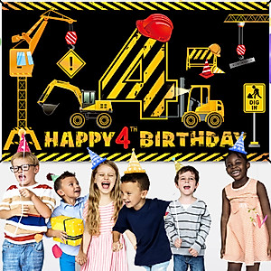 Construction 4th Birthday Banner Decorations for Boys Kids, Dump Truck Construction Theme Four Birthday Backdrop Party Supplies, Excavator Crane Digger Four Year Old Poster Sign