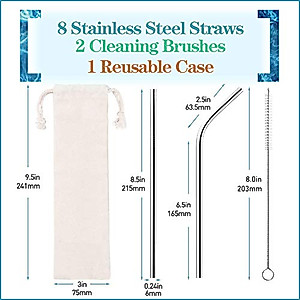 Set of 8 in 1 pack Reusable Stainless Steel Metal Straws- Long 215mm- Regular Size 6 mm Wide - Compatible - 4 Straight+ 4 Bent+ 2 Brushes+ 8 silicon tip+ 1 Pouch (silver, 8.5inch)