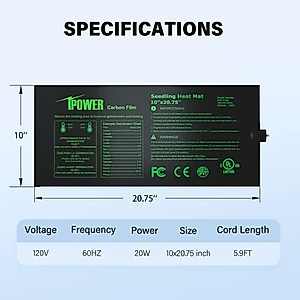 iPower 10" x 20.75" Seeding Heat Mat Upgraded Carbon Film Indoor Warm Hydroponic Plant Germination Starting Pad Durable Waterproof, Black