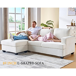 VanAcc 89 Inch Convertible Sofa with Chaise, Reversible L Shape Sofa Couch with Storage, Comfy Sofa Couch for Living Room, Beige Chenille