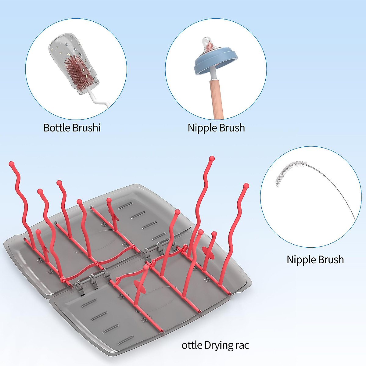 Travel Baby Bottle Drying Rack with Bottle Brush,Nipple Brush,Straw Cleaner Brush,Organizer Case, Compact Size with Large Capacity for Working Mom, Visit Families, Friends or Camping with Baby
