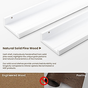 Picture Ledge Shelf, Pine Wood Floating Shelves Set of 2, 24 inch Nursery Book Shelves, Photo Ledge Book Shelves Wall Mounted for Living Room Kids' Room Bedroom - White