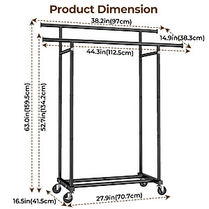 HYSEYY Double Rods Clothes Rack, Sturdy Rolling Clothing Rack, Portable Clothing Racks for Hanging Clothes - Metal Garment Rack Wardrobe Coat Rack for Bedroom Laundry Living Room, Black