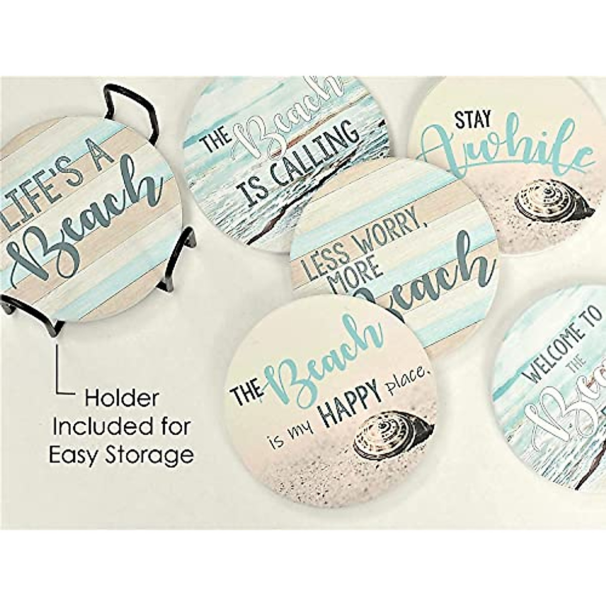 PANCHH Beach Coastal & Ocean Sea Tropical Theme Coasters for Drinks , Kitchen Decor and Gifts for Beach House and Home Beach Bars - Coasters for Wooden Table - Set of 6 with Holder , Absorbent
