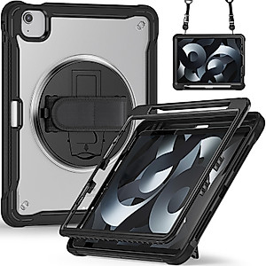 KYJX Tablet Case for iPad Pro 11 inch 2022/2021/2020/iPad Air 5th/4th, 360 Rotating Hand Strap Stand Heavy Duty Protective Cover with Shoulder Strap (Black)
