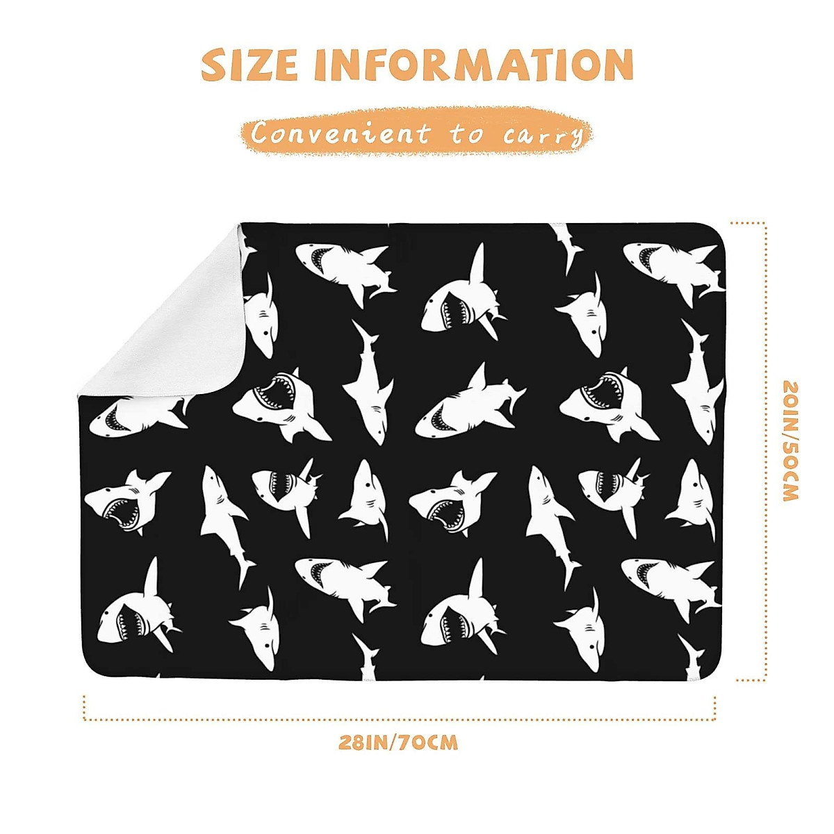 Ykklima Baby Changing Pad, Cute White Shark Fierce Black Pattern Change Mat for Diaper Change Waterproof Cotton Portable Reusable Washable for Home & Travel (20 x 28 Inches)