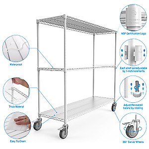 White 3 Tier NSF Metal Shelf Wire Shelving Unit, 18"D x 48"L x 54"H - 3000lbs Heavy Duty Adjustable Wire Rack with 5in Wheels and Shelf Liners for Garage Kitchen Office Garage Utility Storage Rack