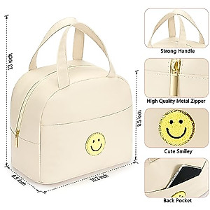 POETIC WREATH Lunch Bag for Women Large Insulated Box Reusable Tote with Preppy Bag,Soft Leather Lunchbag Work School Picnic Travel (White)