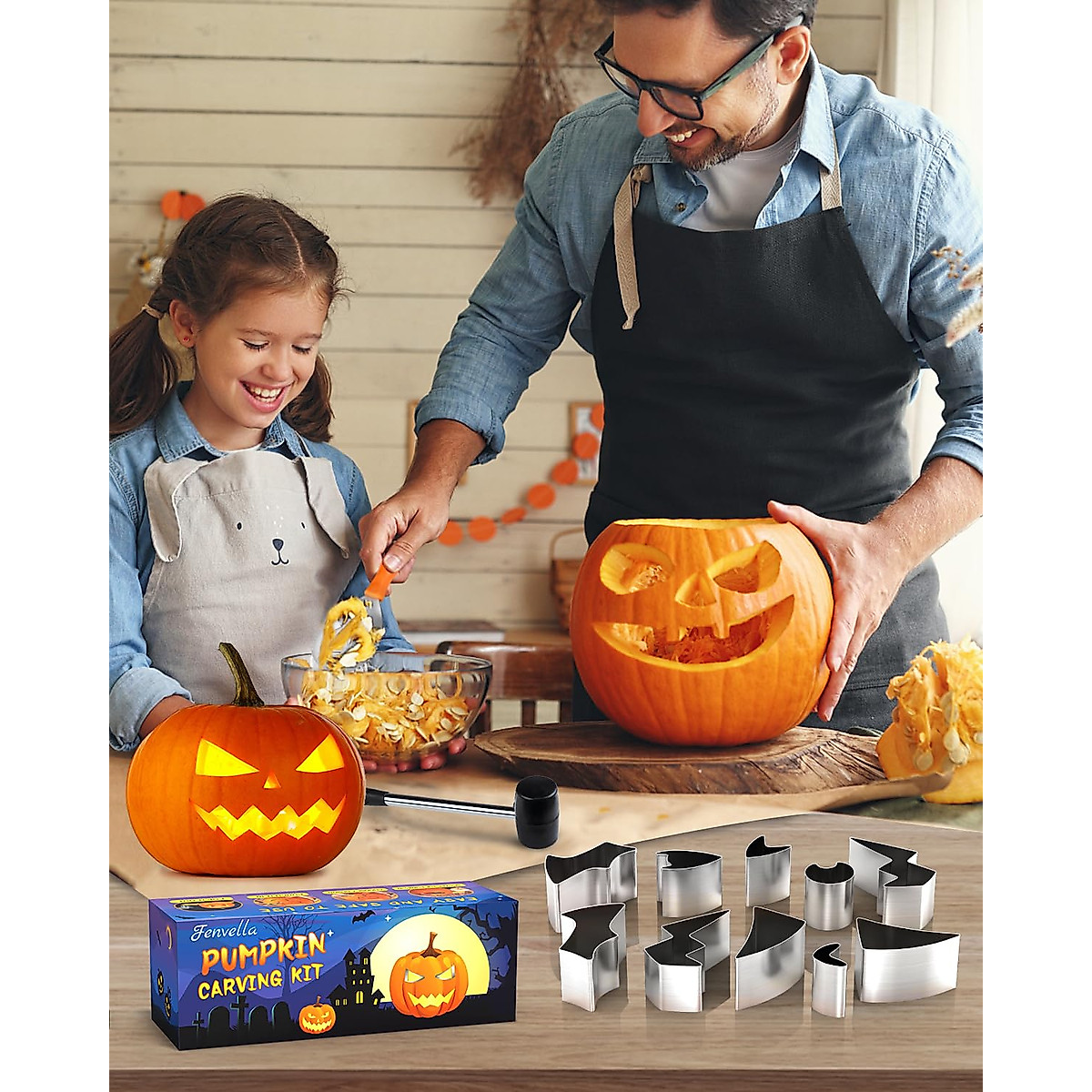 Fenvella Pumpkin Carving Kit for Kids, Safe Pumpkin Carving Tools Heavy Duty Stainless Steel Pumpkin Carver Set, DIY Halloween Pumpkin Carving Stencils, Professional Carving Kit Adults