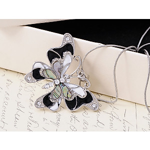 Alilang Silvery Tone Abalone Colored Stones Black White Butterfly Pendant Necklace