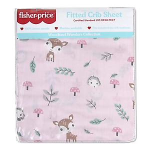 Fisher Price Cotton Fitted Crib Sheet Woodland Wonders Forest Themed Nursery Bedding Sheet 28 x 52” Fitted Crib Sheet for Girls for Standard Crib Mattress