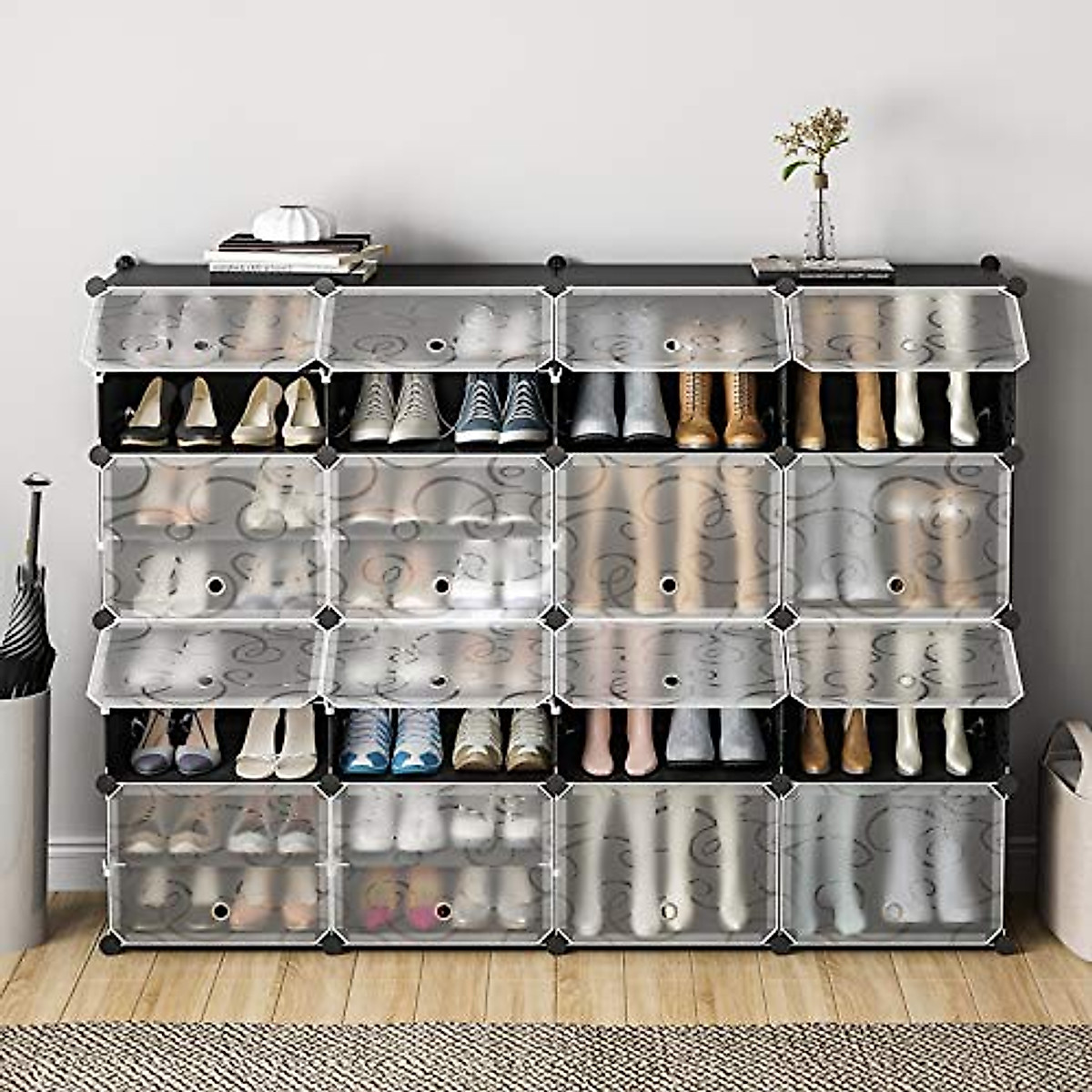 KOUSI Portable Shoe Rack Organizer 72 Pair Tower Shelf Storage Cabinet Stand Expandable for Heels, Boots, Slippers， Transparent Door