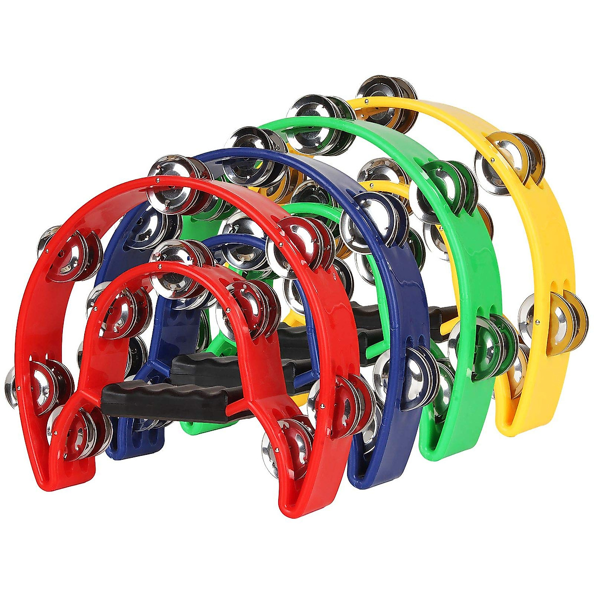 FengWu 4 Pack 9" Half Moon Handheld Tambourine Metal Jingles Tambourines for adults - Double Row, Plastic Musical Percussion Tambourines Music Rhythm Tambourine (Multicolor)