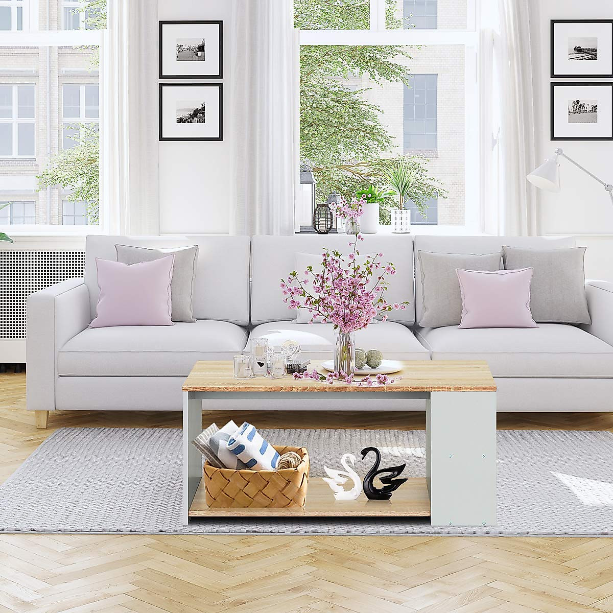 Giantex Coffee Table W/Three Storage Shelf, Sturdy and Durable Construction, Smooth Surface & Extra Storage Space, Ideal for Office and Living Room Tea Snack Table (Natural)