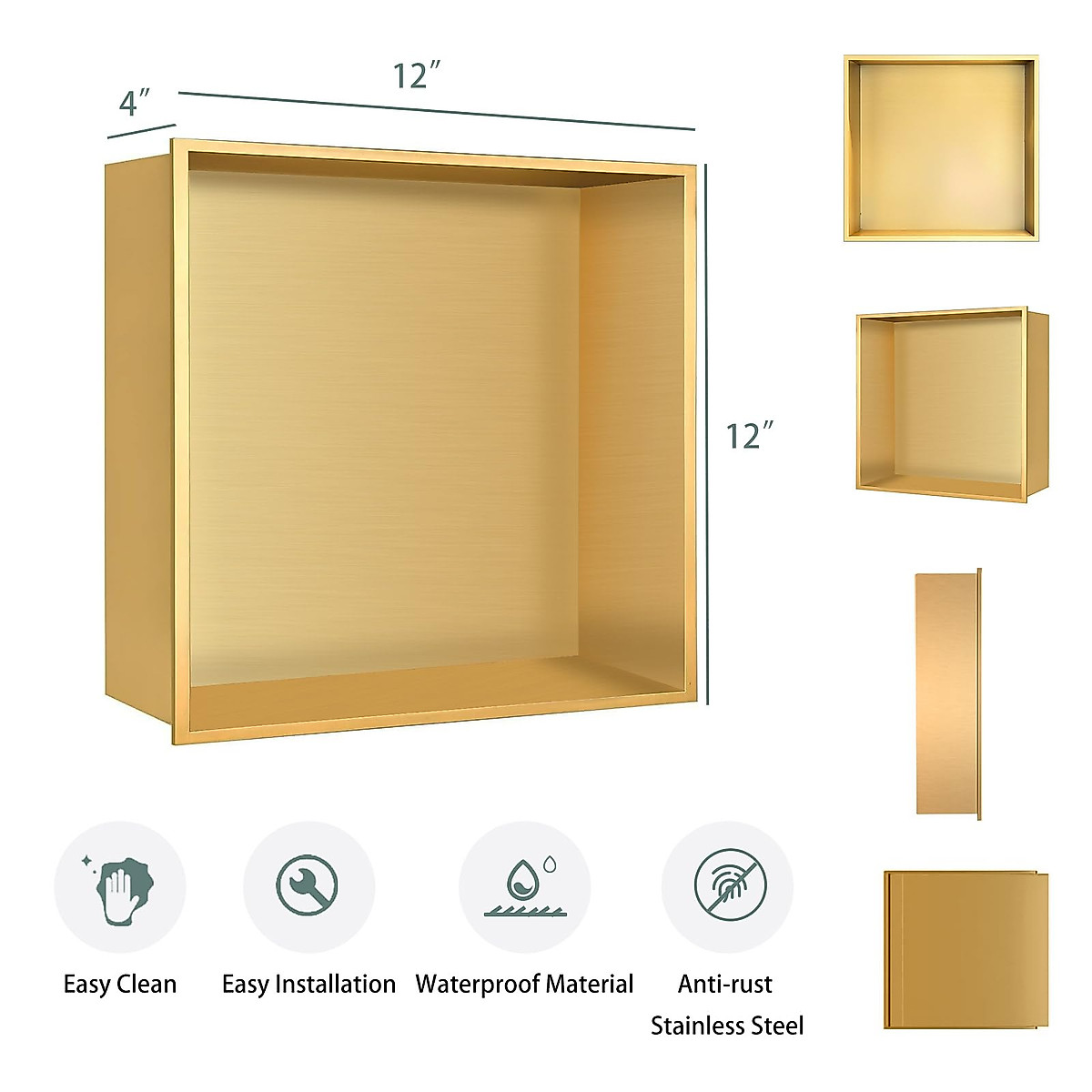 Elefloom Shower Niche, Stainless Steel Modern Bathroom Niche, No Tile Needed Recessed Shower Shelf Organizer for Storage, Golden, 12"×12"