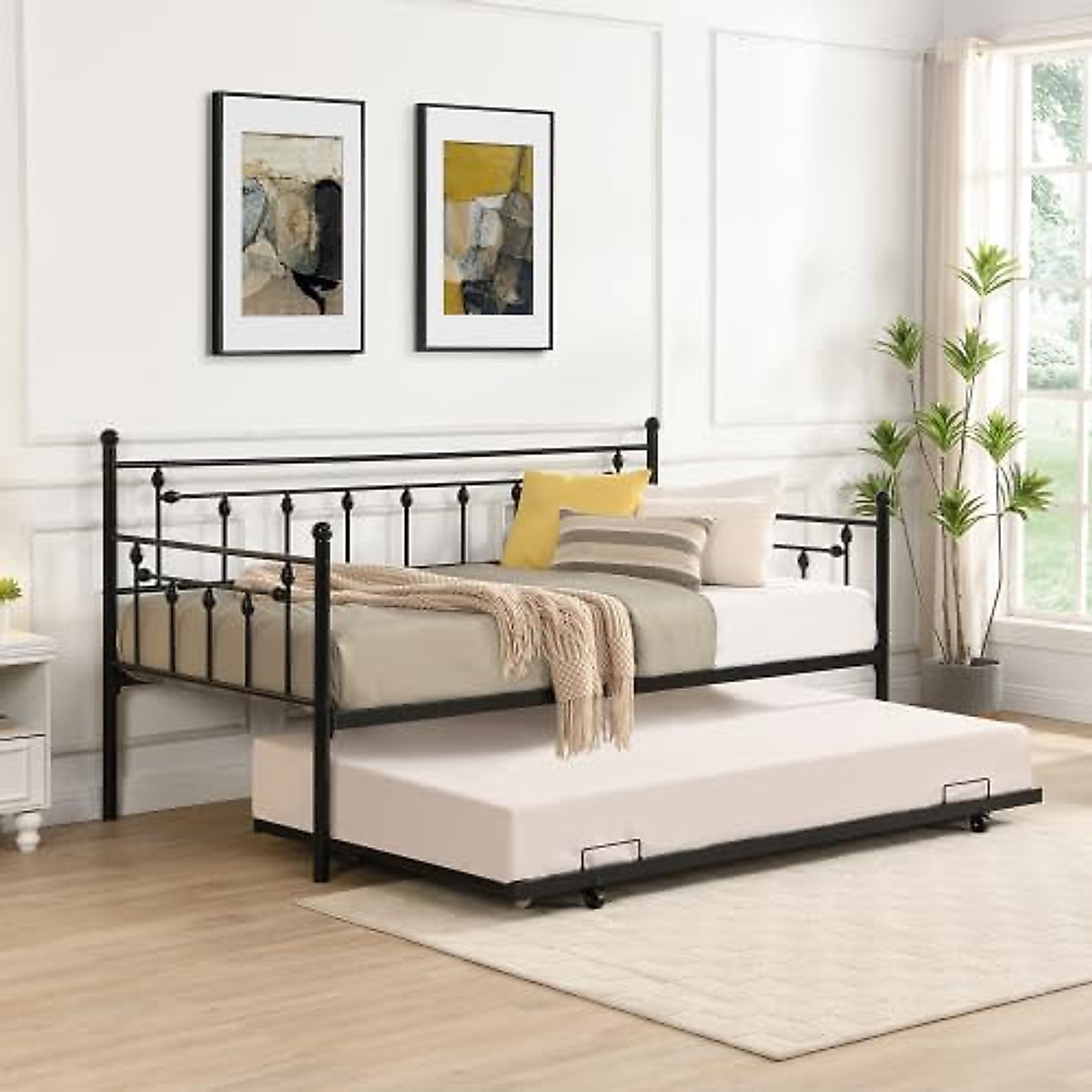 anwickjeff Twin Size Metal Daybed with Pull Out Trundle, Modern 2 in 1 Sofa Bed Frame for Kids Teens Adults,Single Daybed Sofa Bed Frame for Bedroom Living Room Guest Room,No Box Spring Needed