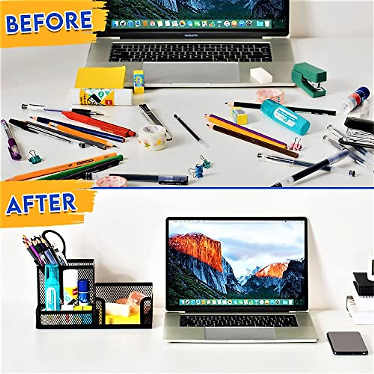 SAWYBISH 2 Pack 3 in 1 Mesh Pen Holder for Desk, 3 Compartments Pencil Holder Desk Organizer Caddy with Sticky Notes Holder Easy Storage Suitable for Home, Office and School