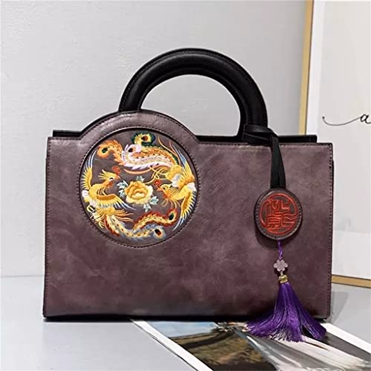 DANN Winter Women's Tote Bag Chinese Style Retro Handbag Large Capacity Women's Shoulder Bag (Color : Gray, Size : 32(L)*24(H)*14(W) cm)